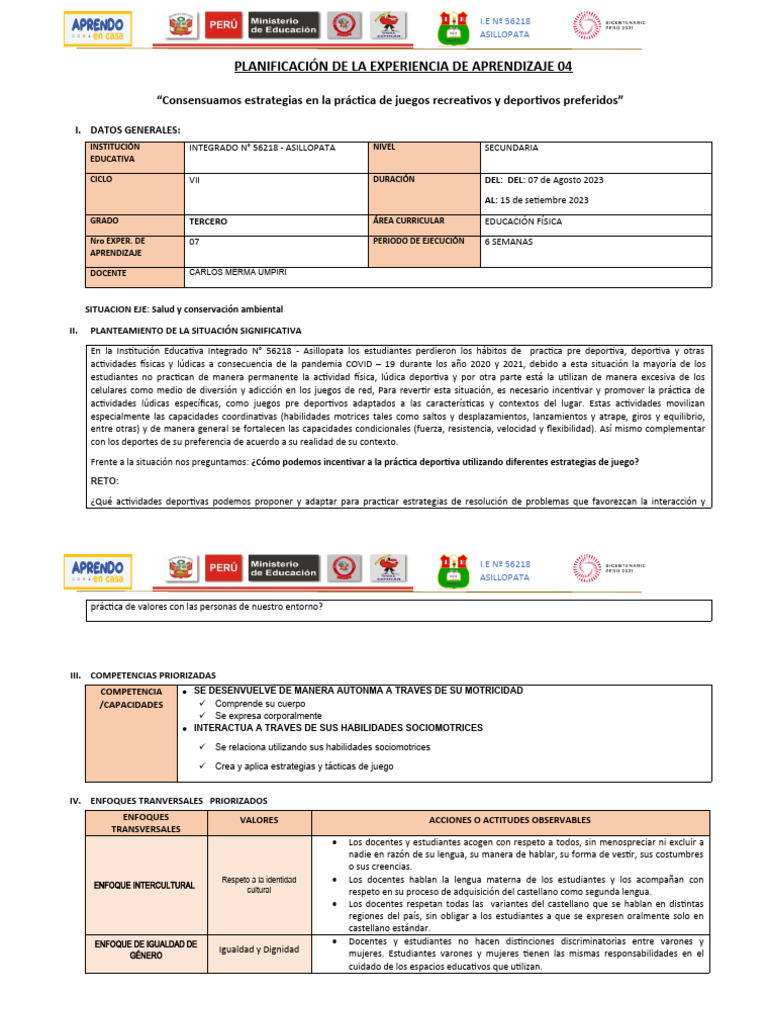 EXPERIENCIA DE APRENDIZAJE Nº 4- VII CICLO - TERCERO | PDF | Aprendizaje | Evaluación