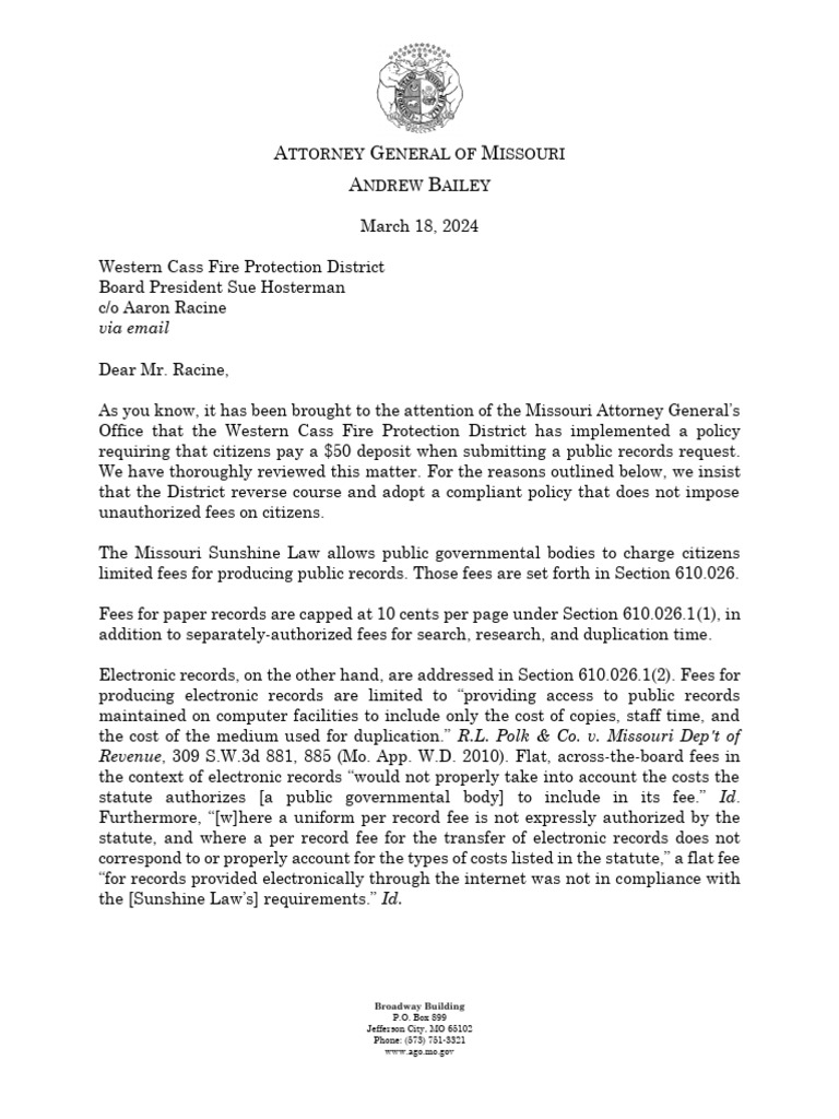 Letter to Western Cass FPD | PDF | Freedom Of Information Laws By ...