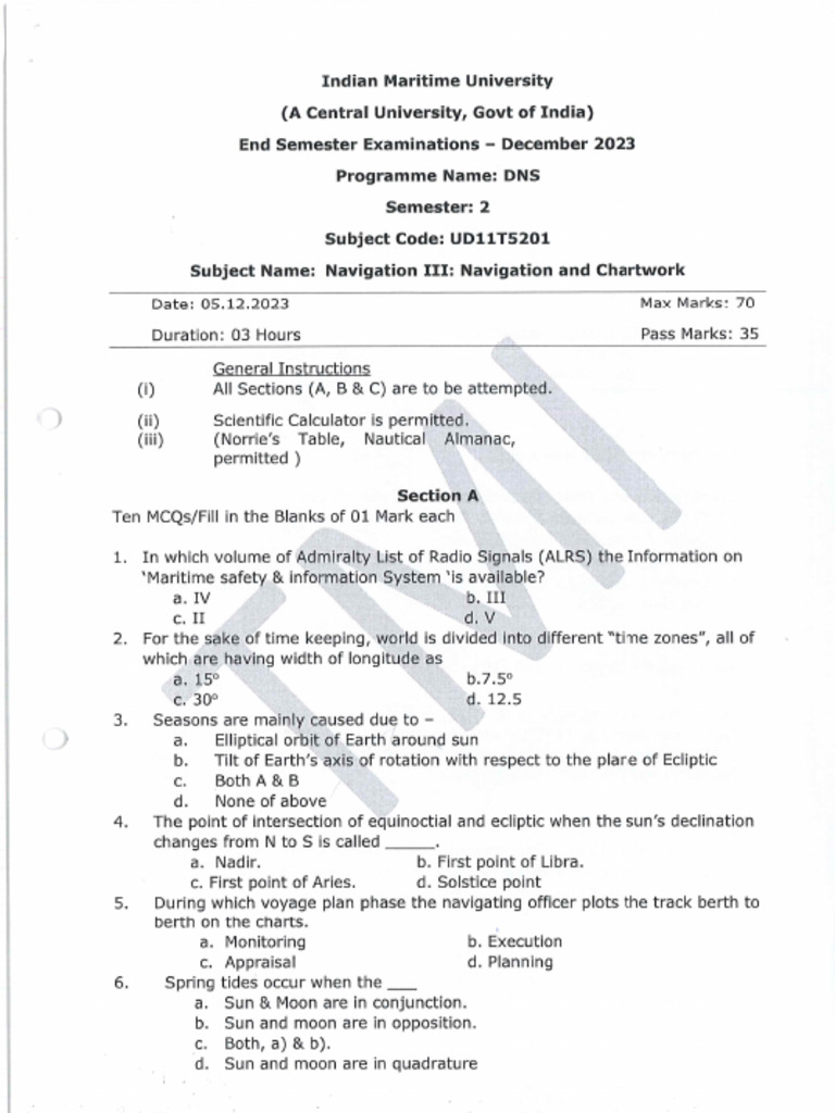 UD11T5201 Navigation III Navigation and Chartwork Dec 2023 | PDF