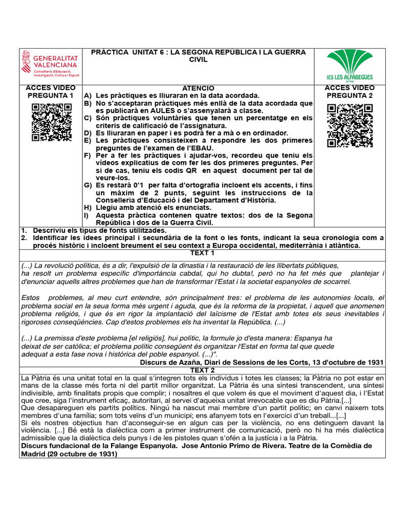 Pràctica Unitat 6 La Segona República | PDF