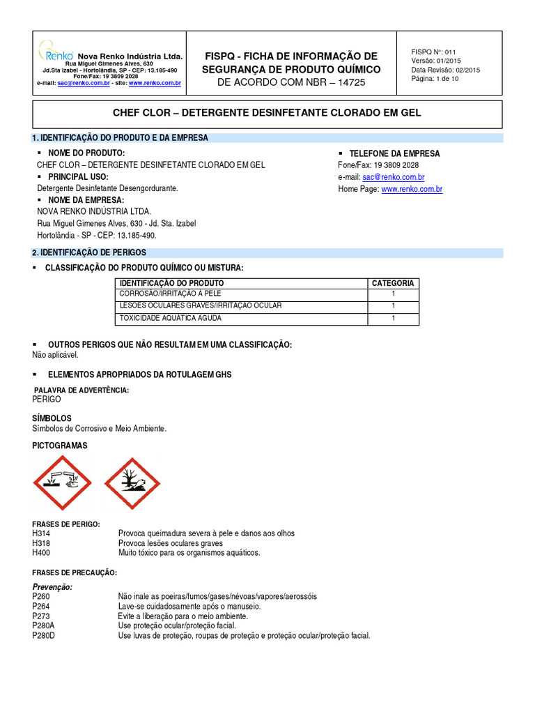 Chef Clor - Detergente Desinfetante Clorado em Gel | PDF | Desperdício | Cloro