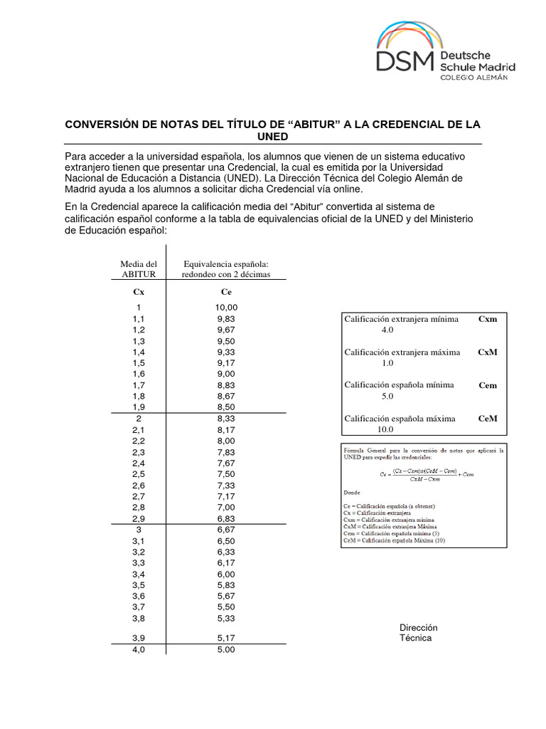 Conversión Abitur a Nota Española UNED | PDF