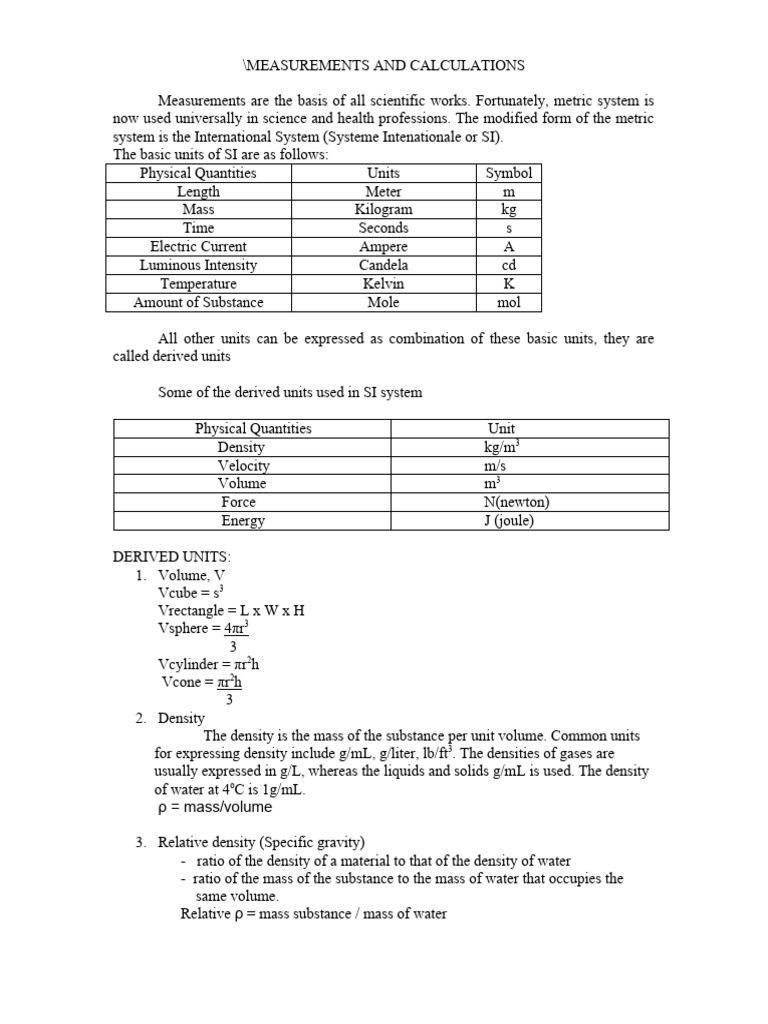 Measurement and Calculation Edited | PDF | International System Of ...