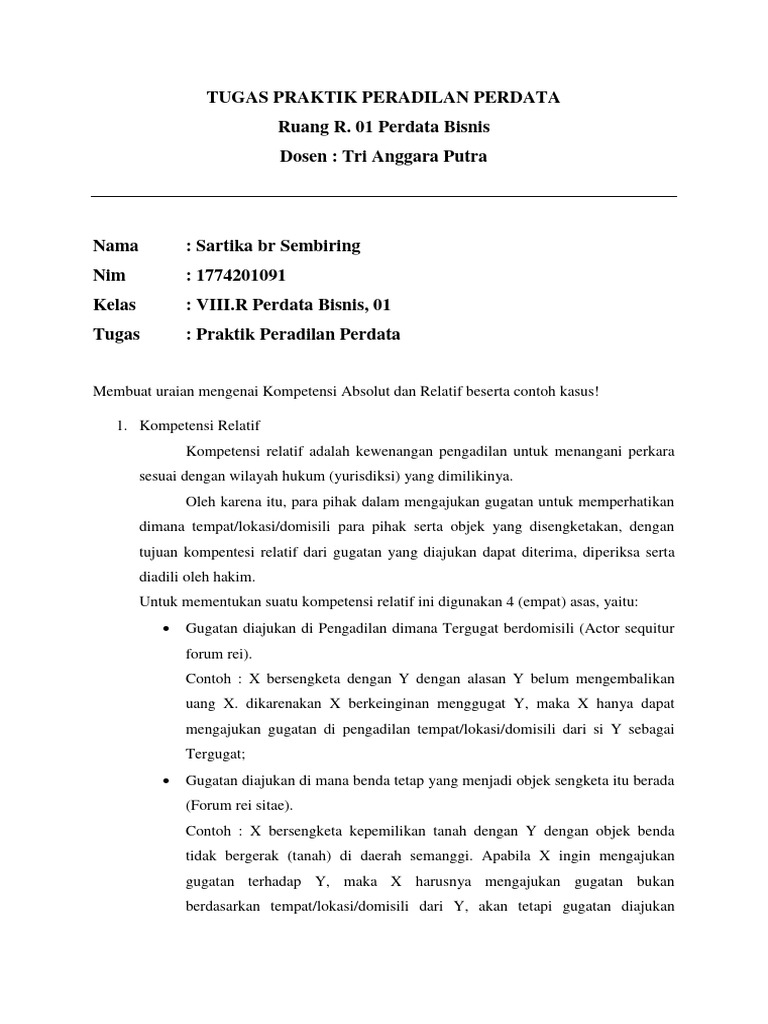 Tugas Praktik Peradilan Perdata Ruang R. 01 | PDF | Hukum