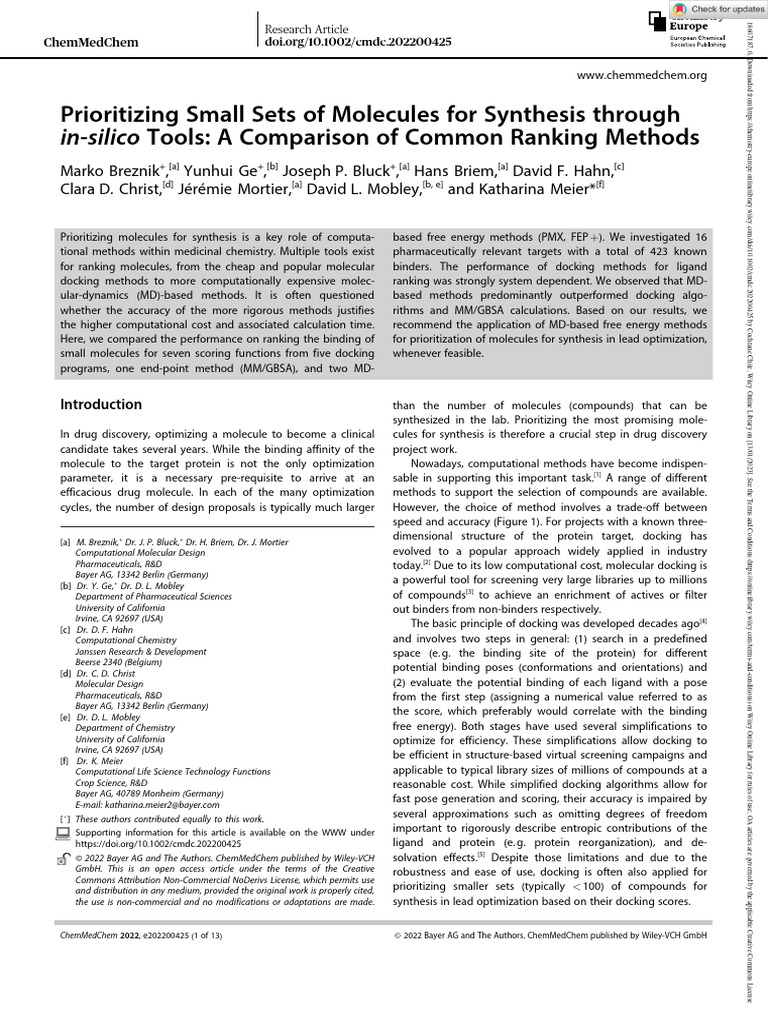 Prioritizing Small Sets of Molecules For Synthesis Through In-Silico Tools: A Comparison of ...