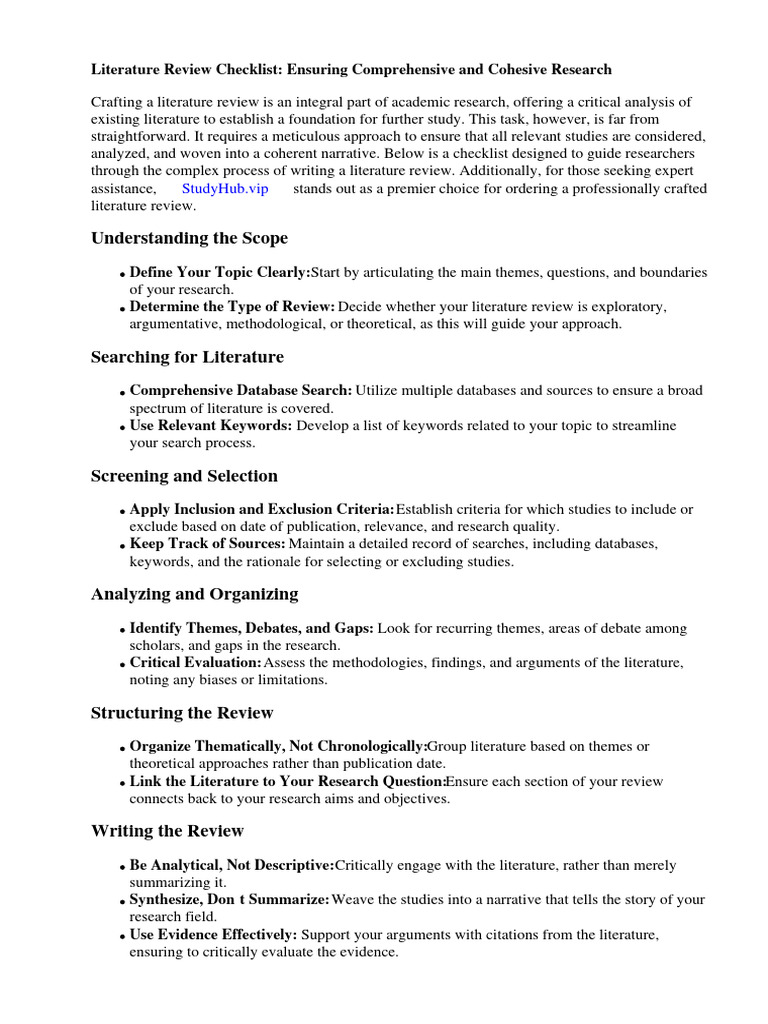 Literature Review Checklist | PDF | Systematic Review | Methodology