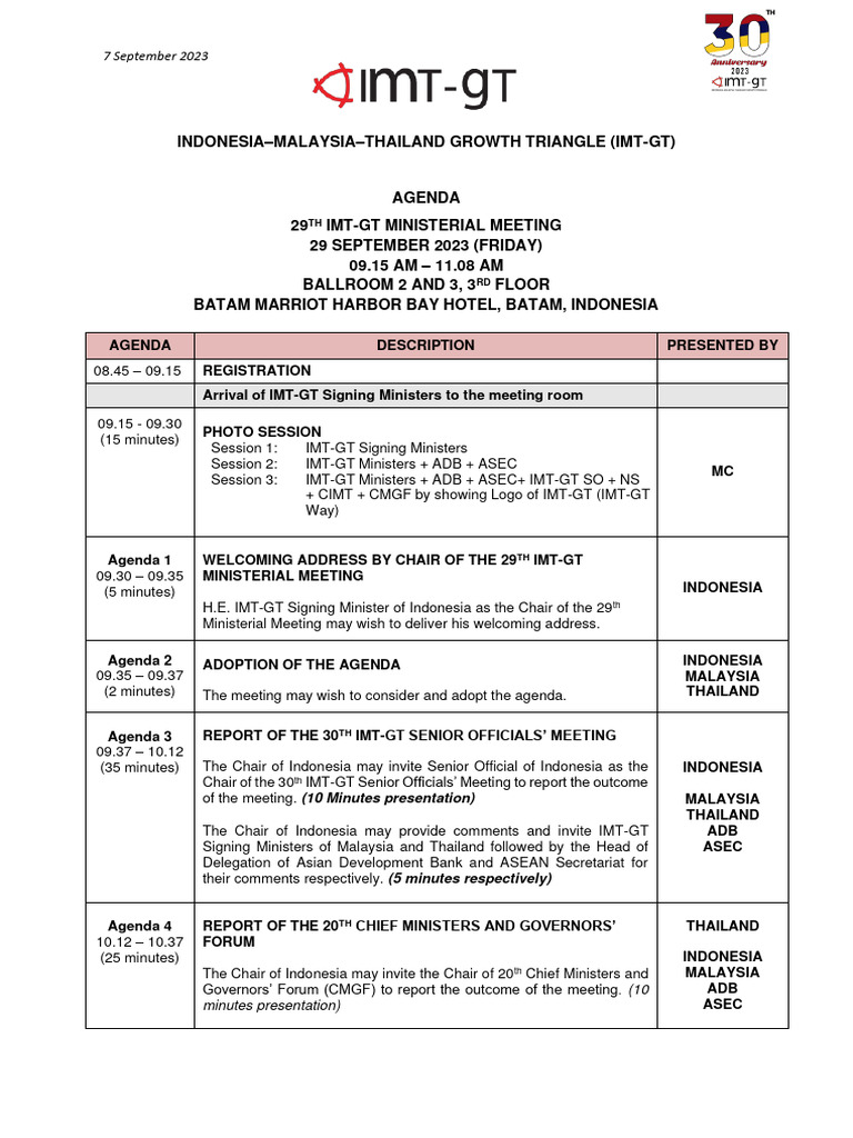 Agenda 29th IMT-GT MM A.O 25 Sept 2023 | PDF | Asian Development Bank ...