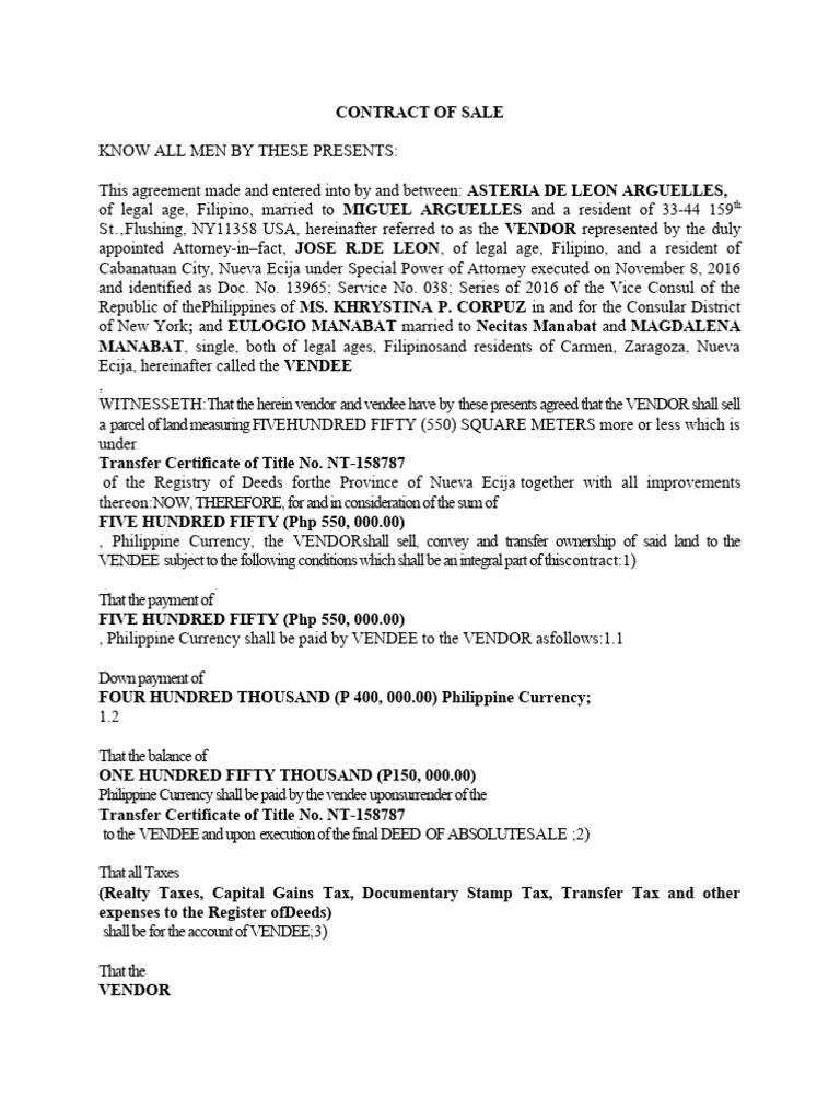 Sample - Contract of Sale Withspa | PDF | Taxes | Common Law