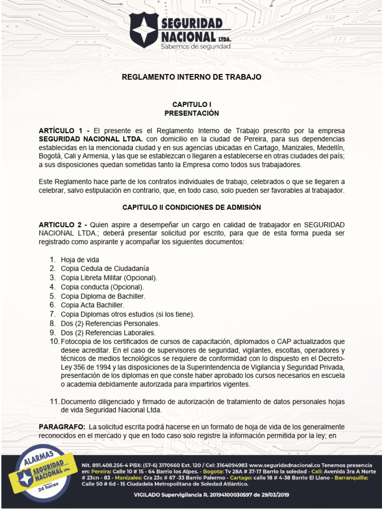 Reglamento Interno de Trabajo Seguridad Nacional Ltda. 2024 | Descargar gratis PDF | Salario ...