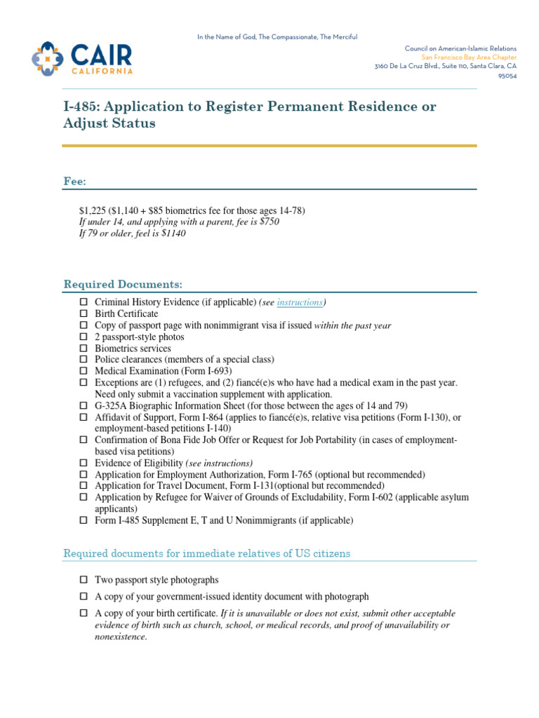 I-485 Application Requirements Guide | PDF | Travel Visa | Human Migration