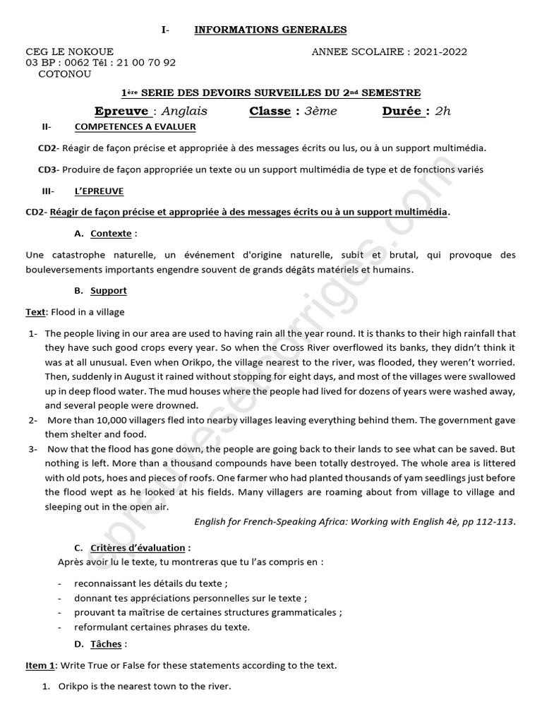 1er Devoir Du 2ème Semestre Anglais 3ème 2021-2022 Ceg Le Nokoue | PDF