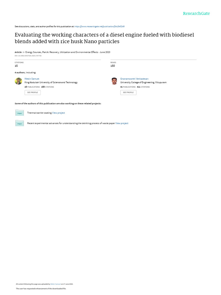 Evaluating The Working Characters of A Diesel Engine Fueled With ...