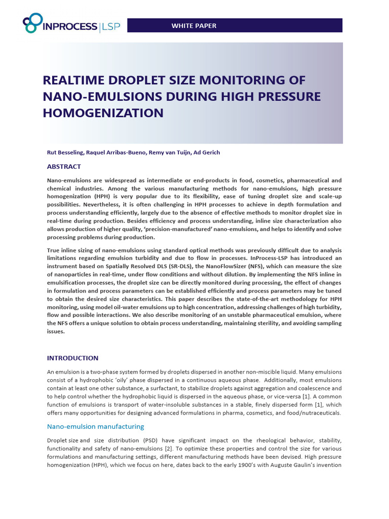 WP 006 InProcessNFS Nanoemsulsion HPH Monitoring | PDF | Emulsion | Soft Matter