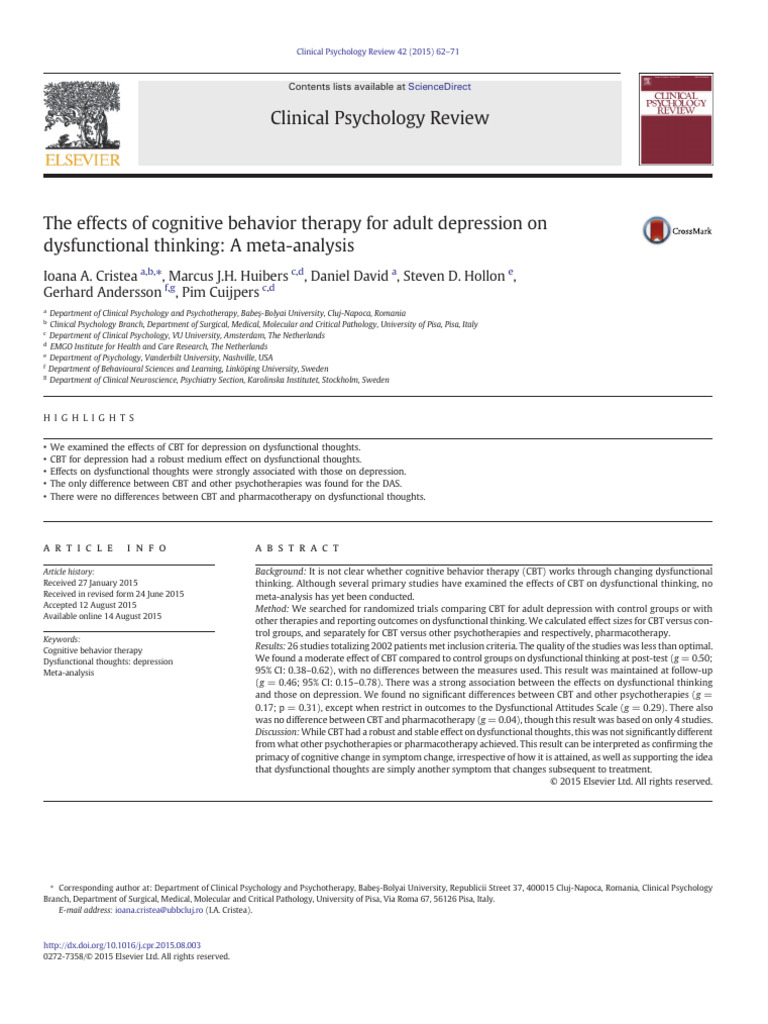 CBT in adult depression on dysfunctional thinking | PDF | Cognitive ...