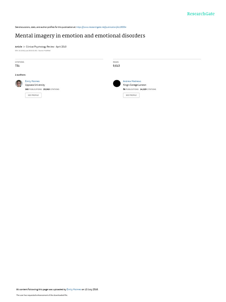 Mental Imagery in Emotion and Emotional Disorders | PDF | Perception ...