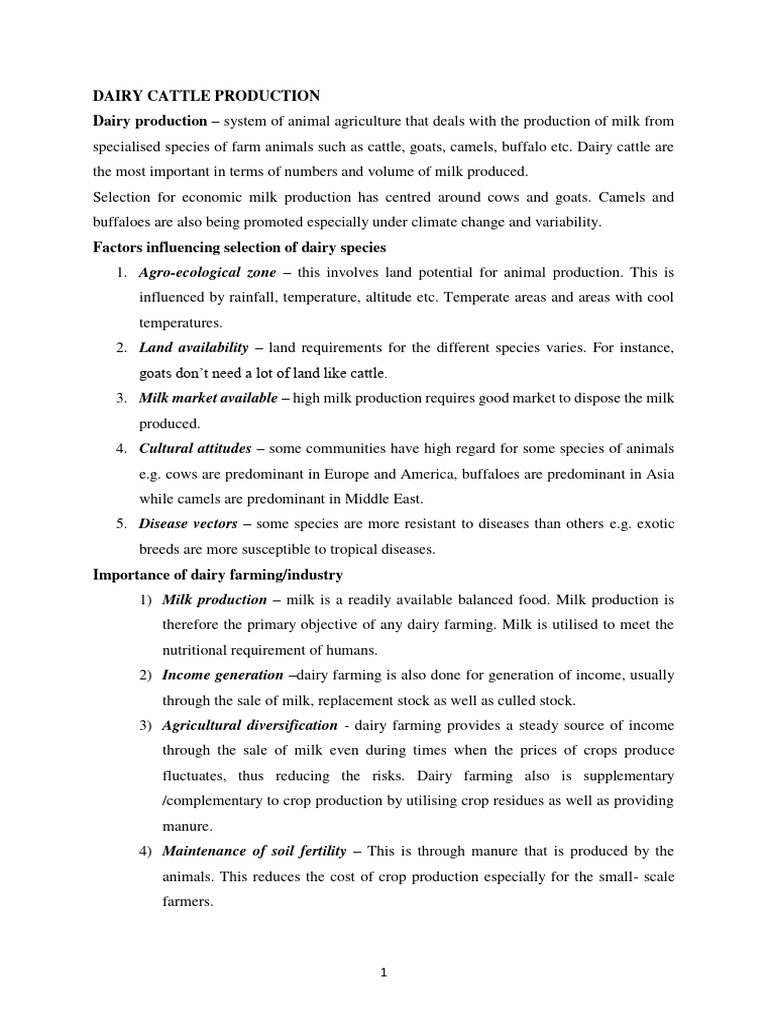 Dairy Production Notes | PDF | Dairy Farming | Milk