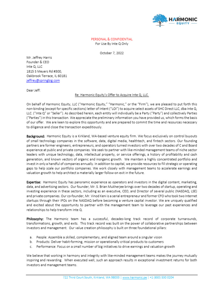 Harmonic LOI For InteQ Oct 7 2022 | PDF | Mergers And Acquisitions ...