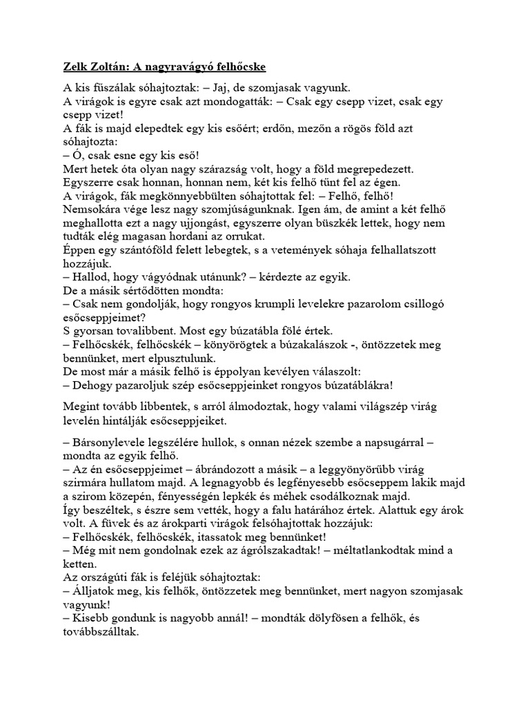 Zelk Zoltán A Nagyravágyó Felhőcske | PDF