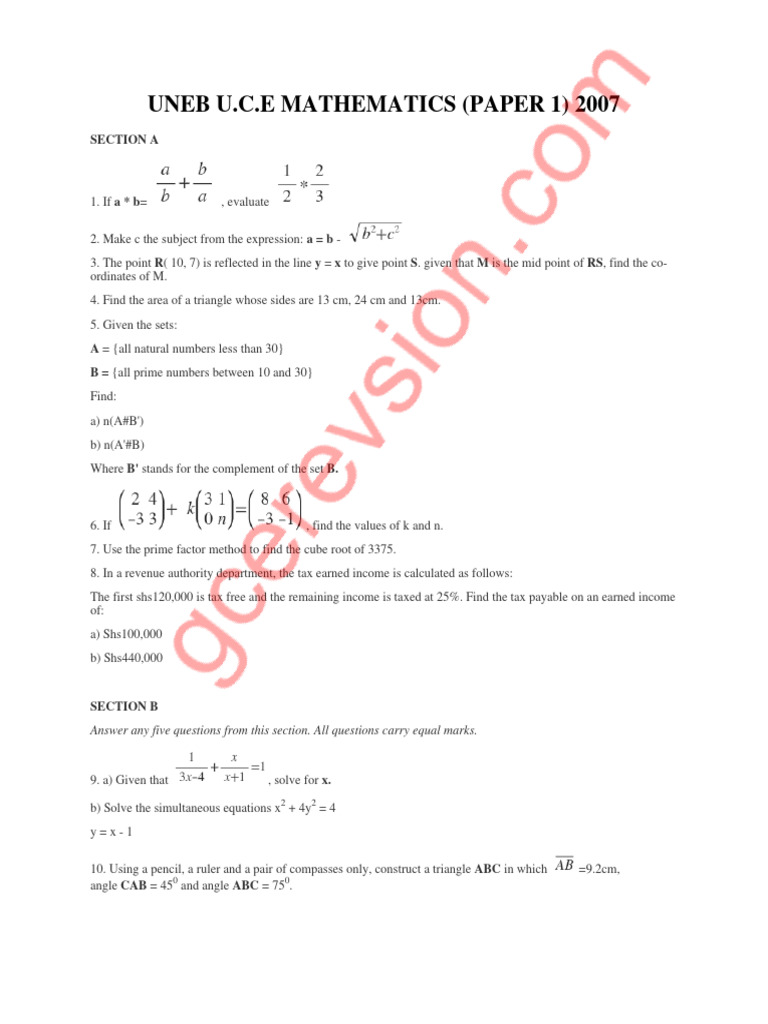Uneb U.C.E Mathematics Paper 1 2007 | PDF | Truck | Taxes