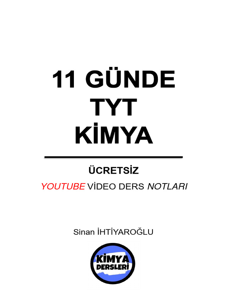 11 Günde TYT Kimya A4 Birleştirilmiş Notlar - 64 Sayfa (32 Kağıt) | PDF