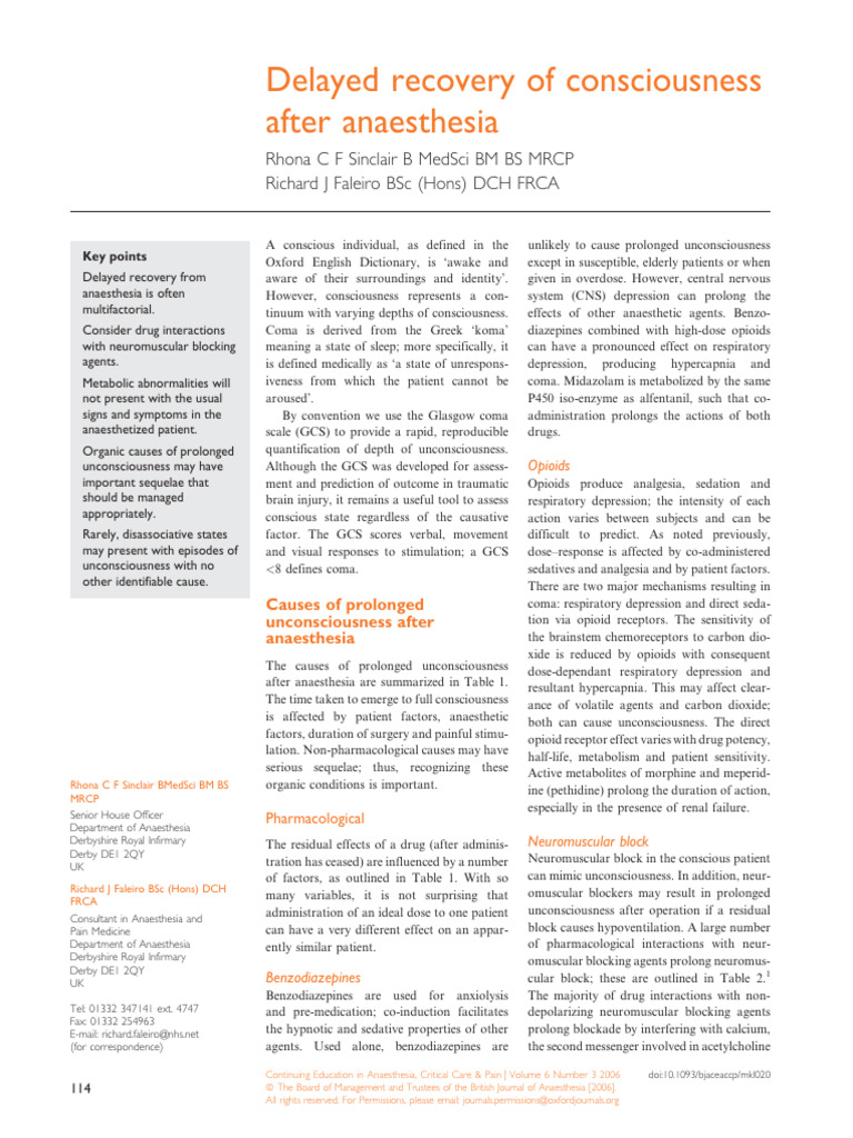 Delayed Recovery of Consciousness After Anaesthesi | PDF | Dehydration ...