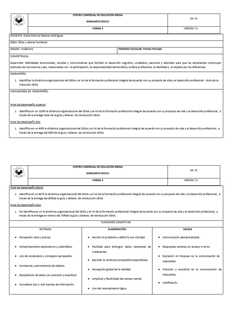 Ga-51 Forma 3. Etica 11° 2024 | PDF | Desarrollo profesional | Evaluación