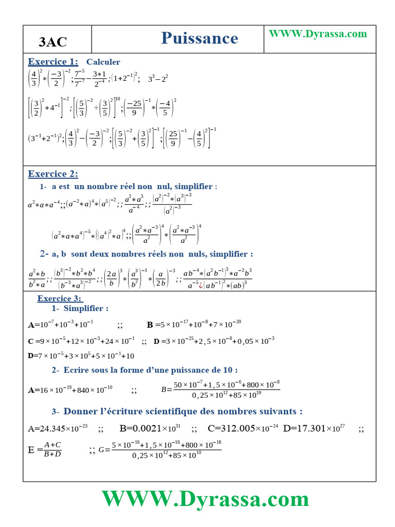 Exercices sur les puissances 3AC | PDF | Mathématiques | Mathématiques ...