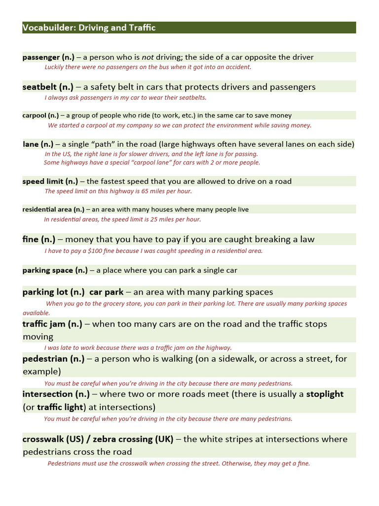 Traffic Vocabulary for Drivers | PDF | Traffic | Pedestrian Crossing
