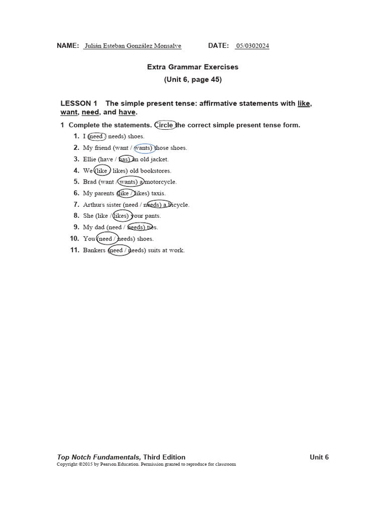 Present Simple Grammar Exercises Julian Gonzalez | PDF | Linguistics ...