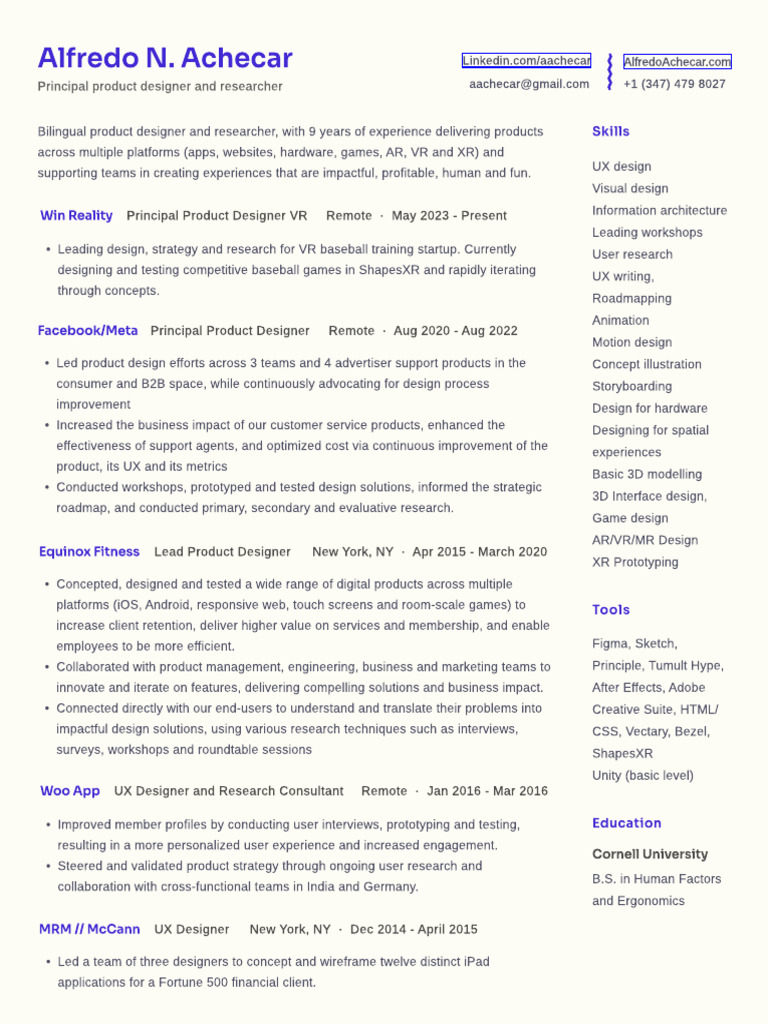 Resume - Alfredo Achecar - Principal Product Designer - 2023 | Download Free PDF | Virtual ...