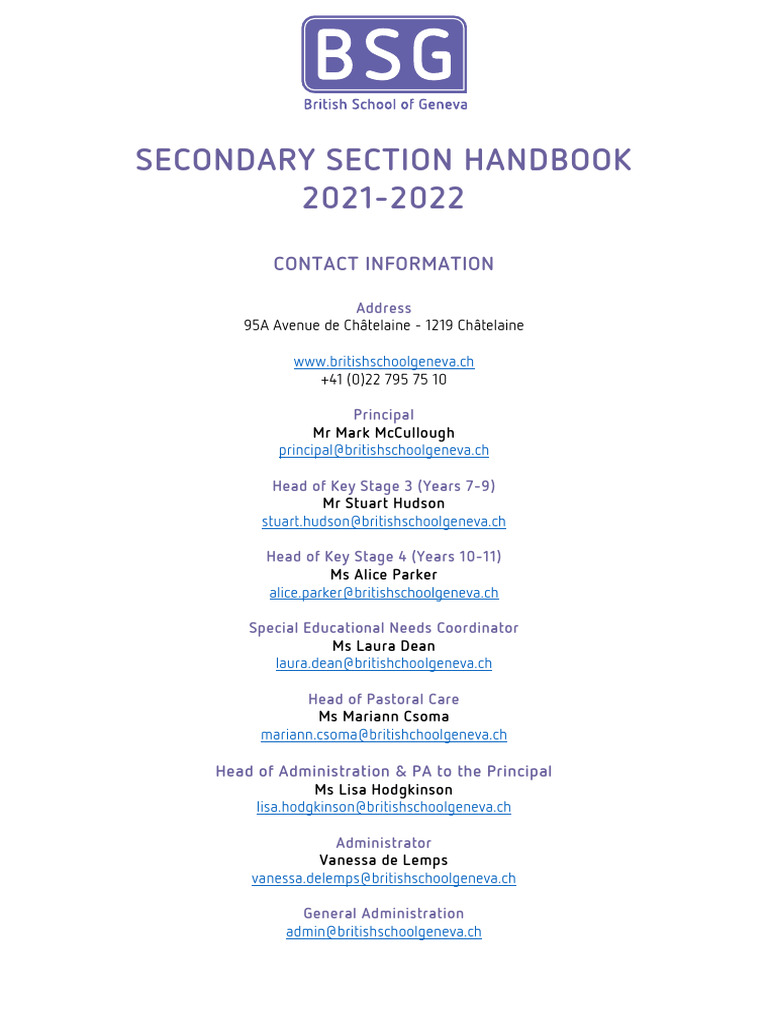 BSG SecondaryHandbook | PDF | Schools | Teachers