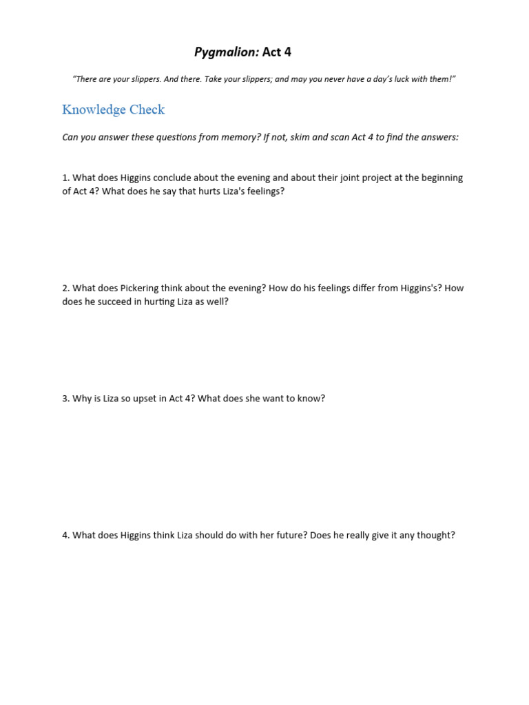 Pygmalion Act 4 Study Guide | PDF | Pygmalion (Play)