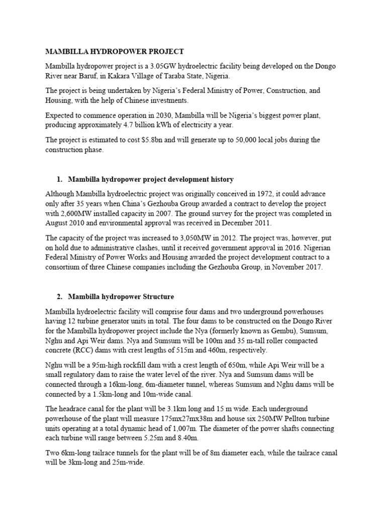 Mambilla Hydropower Project Overview | PDF | Hydroelectricity ...