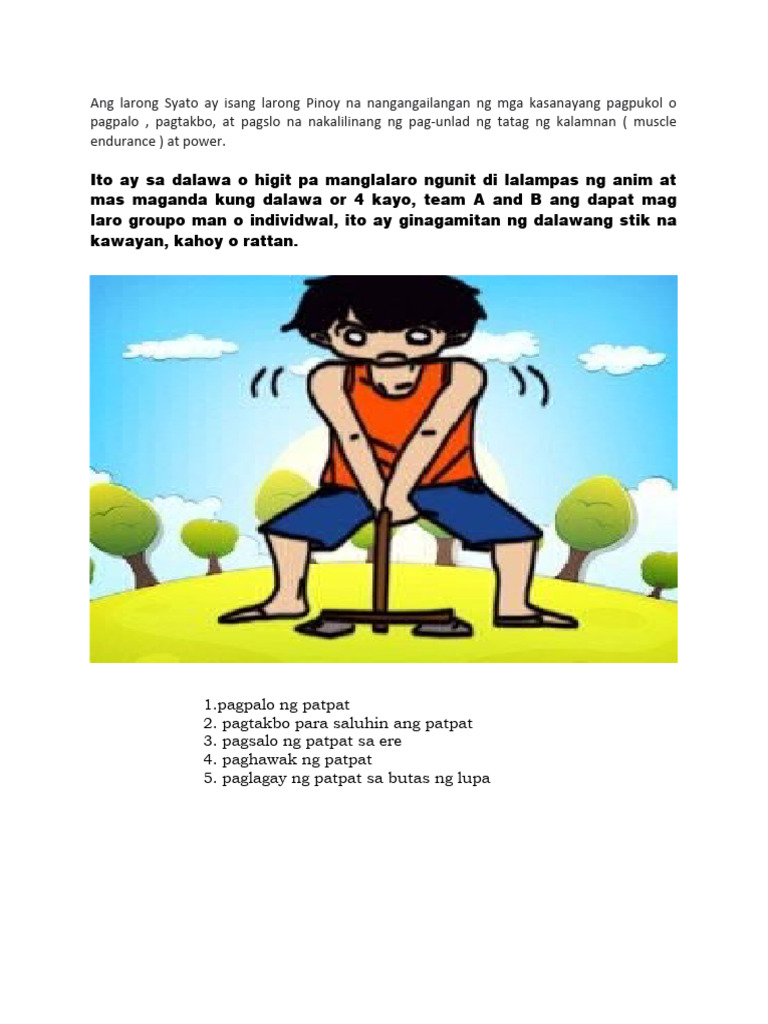 Ang Larong Syato Ay Isang Larong Pinoy Na Nangangailangan NG Mga Kasanayang Pagpukol o Pagpalo | PDF