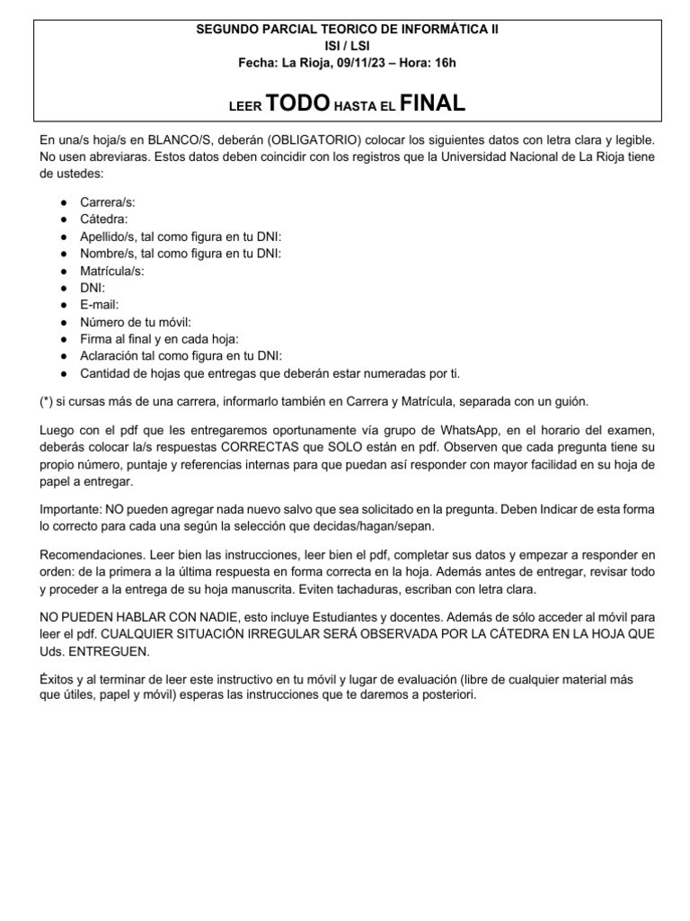Segundo Parcial PRESNECIAL INFORMATICA II ISI-LSI 2023 - TEORICO y PRACTICO - 9 - 11 16h ...