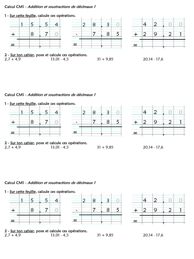 CM1 Addition Et Soustraction de Decimaux Exercices | PDF | Division ...