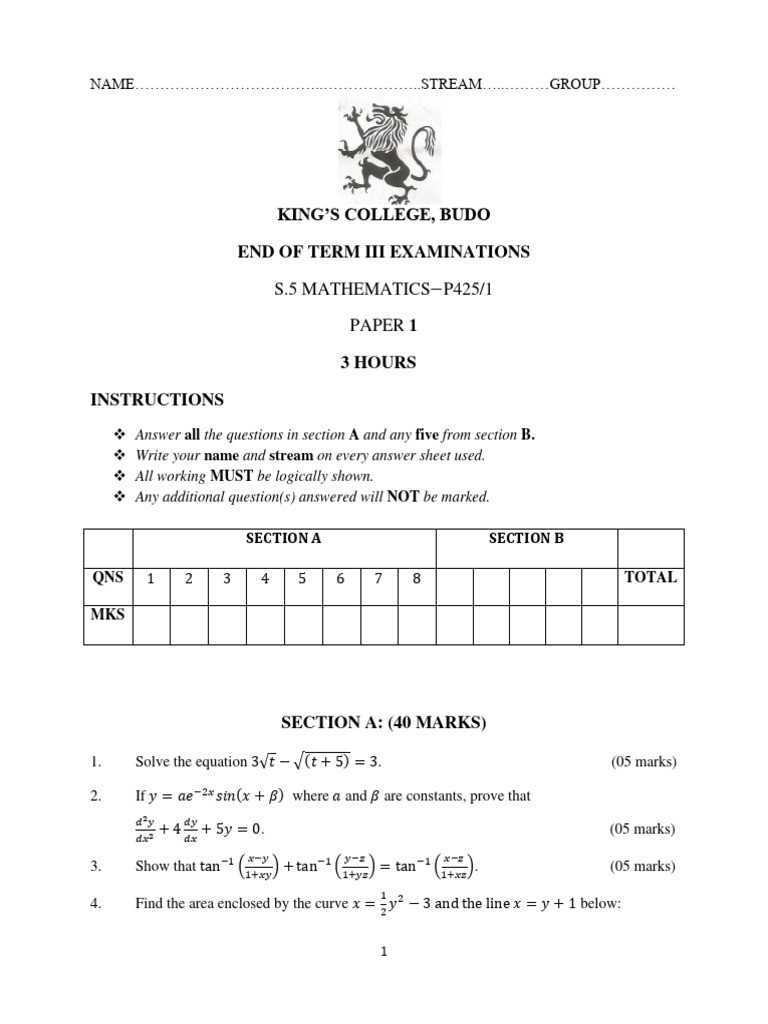 S.5 Mathematics Exam Paper 1 | PDF | Equations | Logarithm