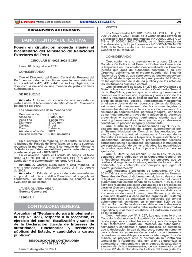 RC 158-2021-CG Aprobar El Reglamento para Implementar La Ley 31227 ...