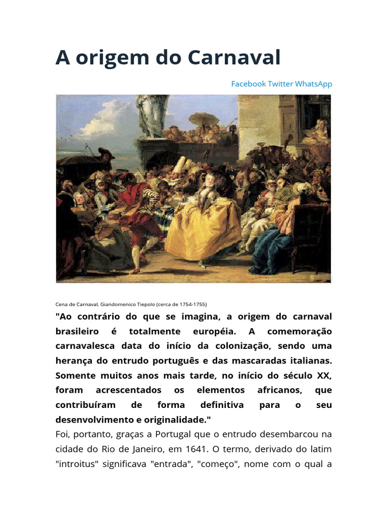 A Origem Do Carnaval | PDF | Carnaval