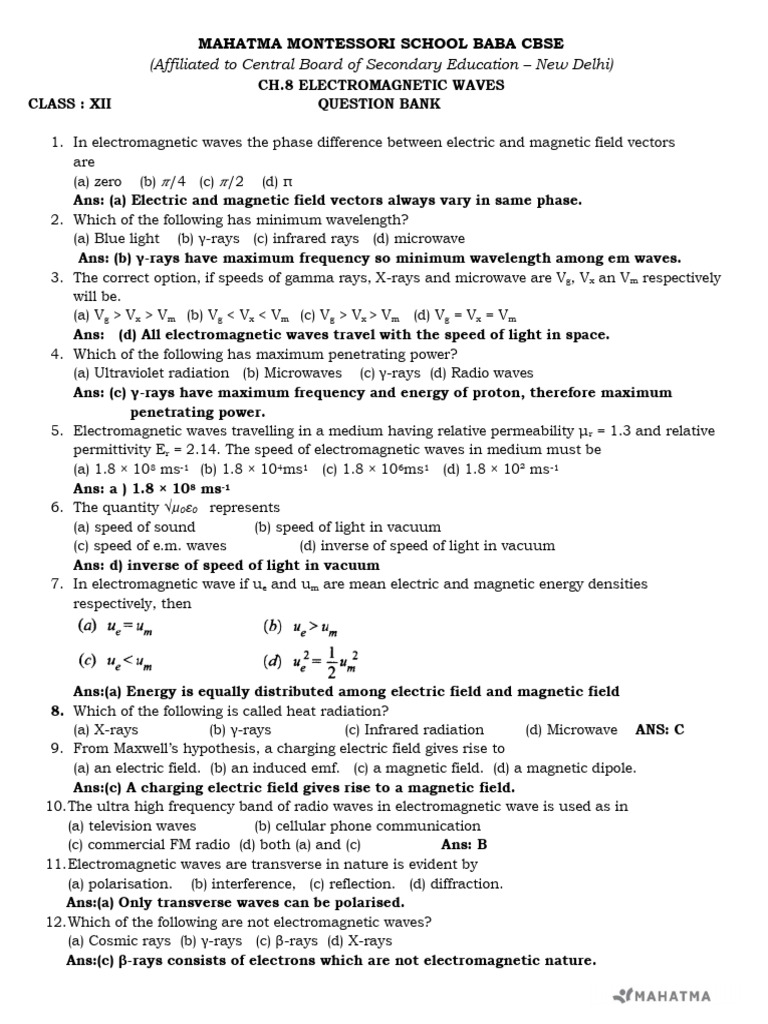 Electromagnetic Waves Question Bank | PDF | Electromagnetic Radiation ...
