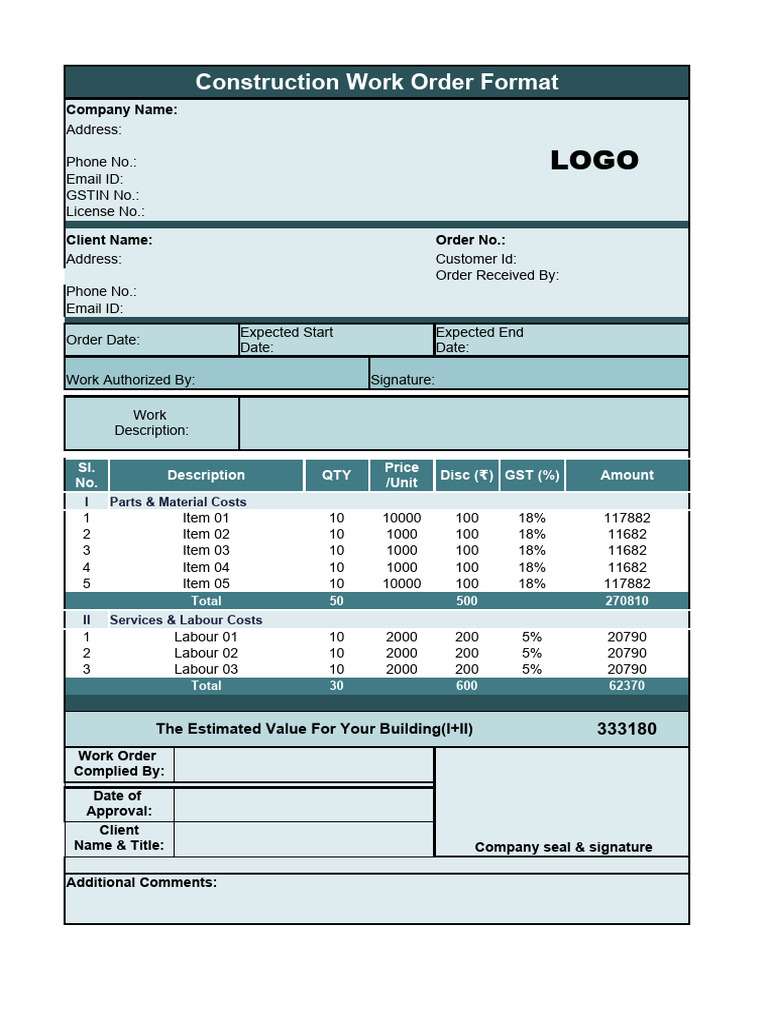 Construction Work Order Format 01 | PDF
