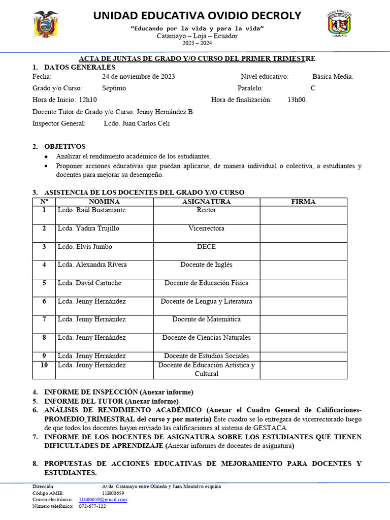 Formato de Junta de Curso Año 2023 2024 | PDF | Maestros | Cognición