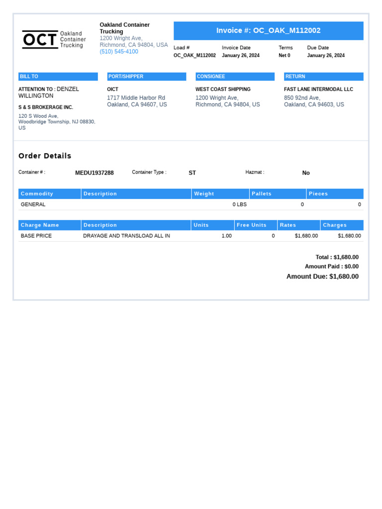 Oakland Container Trucking Invoice Details | PDF | Freight Transport ...