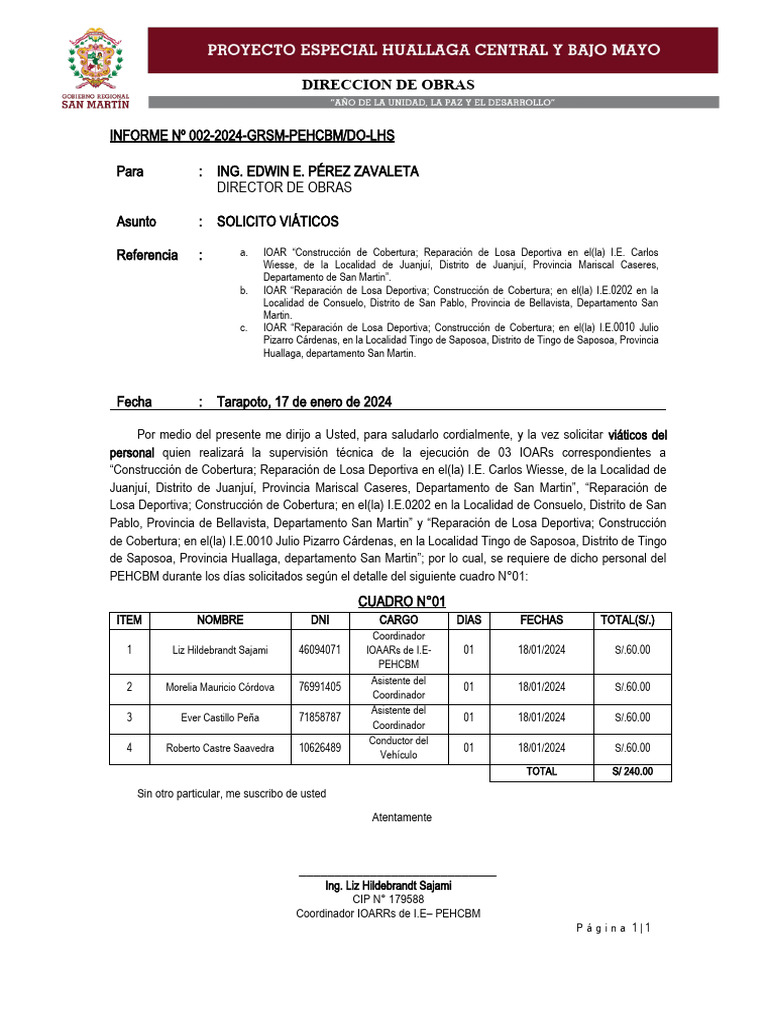 INFORME N°002-2024-GRSM-PEHCBMDO-LHS - SOLICITO VIATICOS - Modelo | PDF
