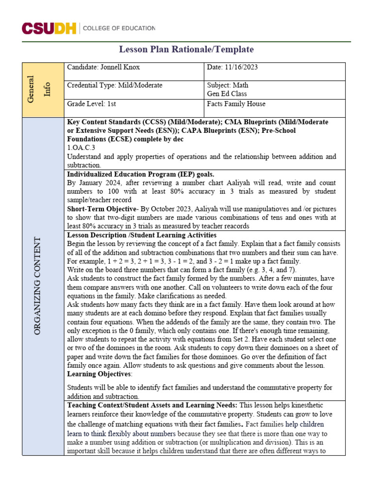 Math Lesson Plan - Fact Families | PDF | Learning | Educational Assessment