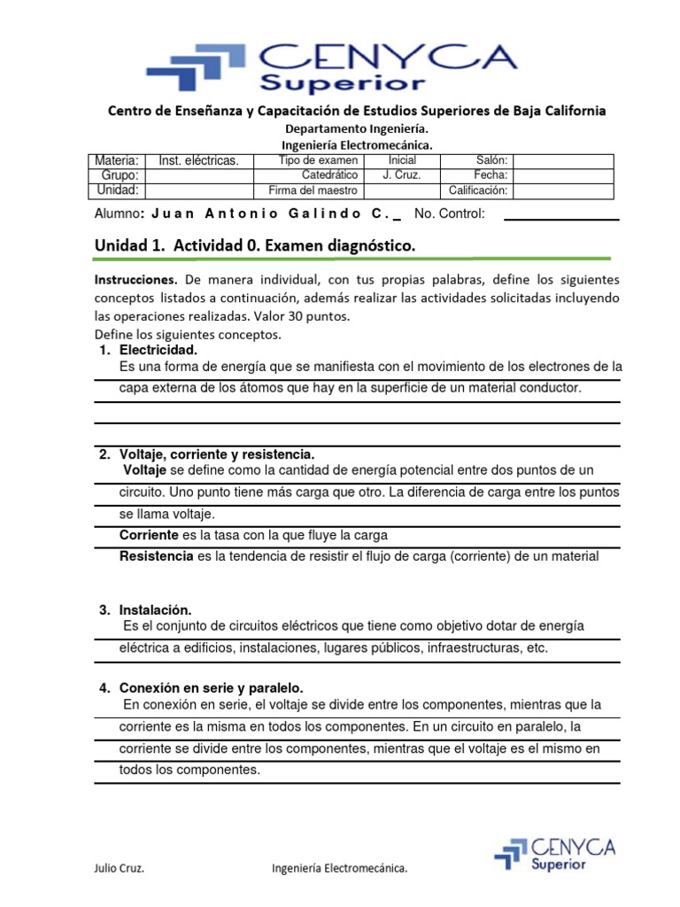 Examen diagnóstico | PDF | Corriente eléctrica | voltaje