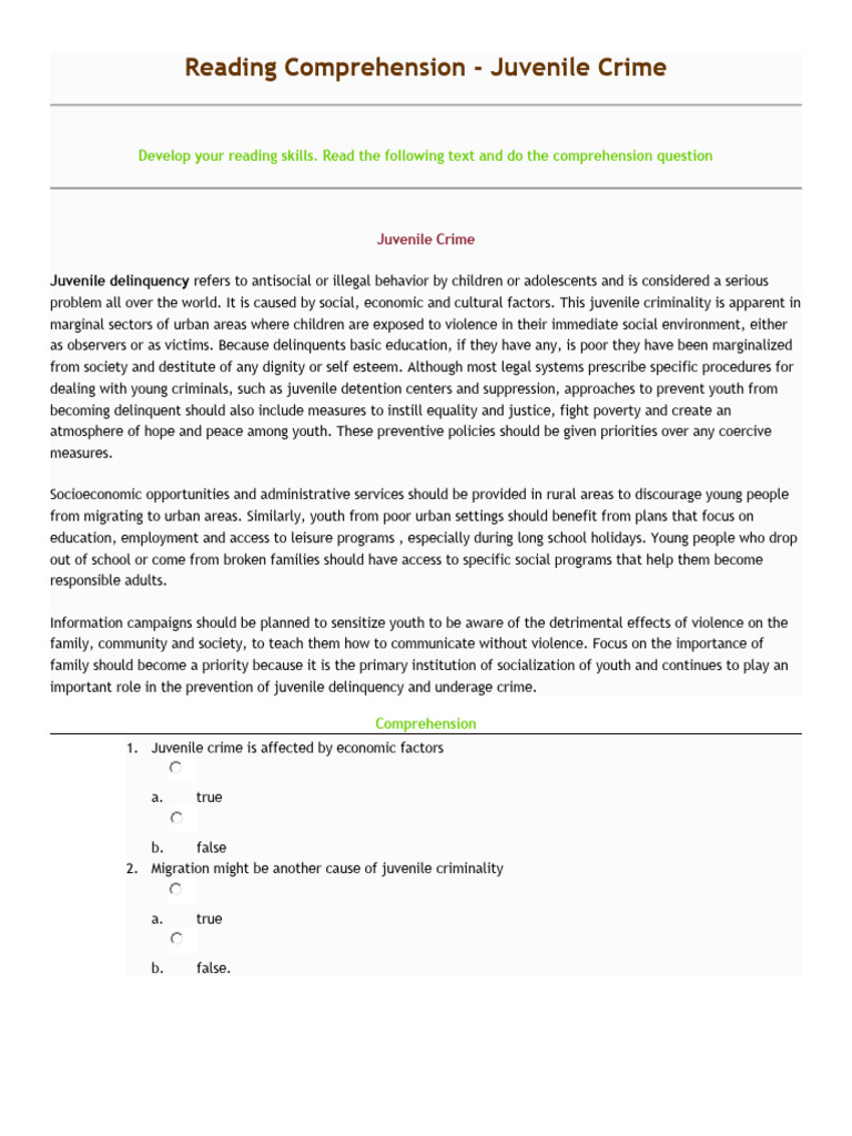 English Reading Comprehension - Juvenile Crime | PDF | Juvenile ...