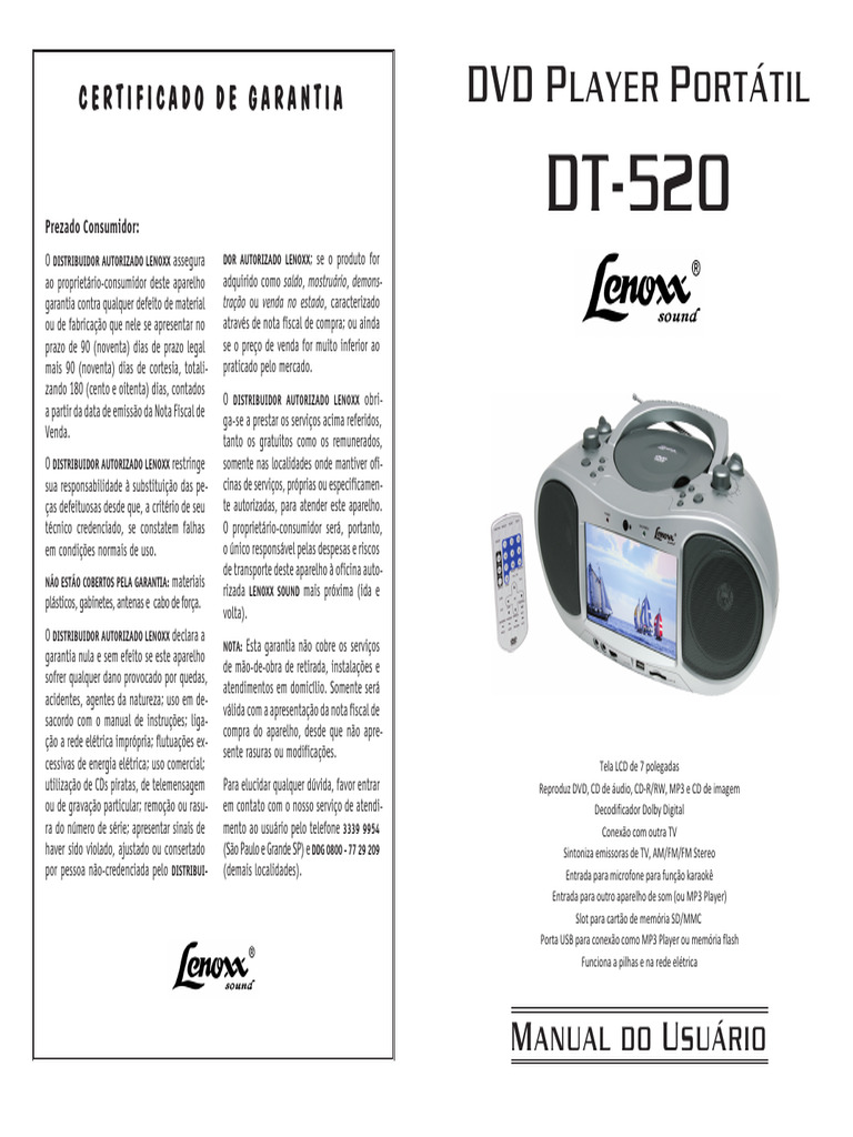 LENOXX - DVD PLAYER PORTÁTIL DT-520 - Manual Do Usuário | PDF | DVD | USB