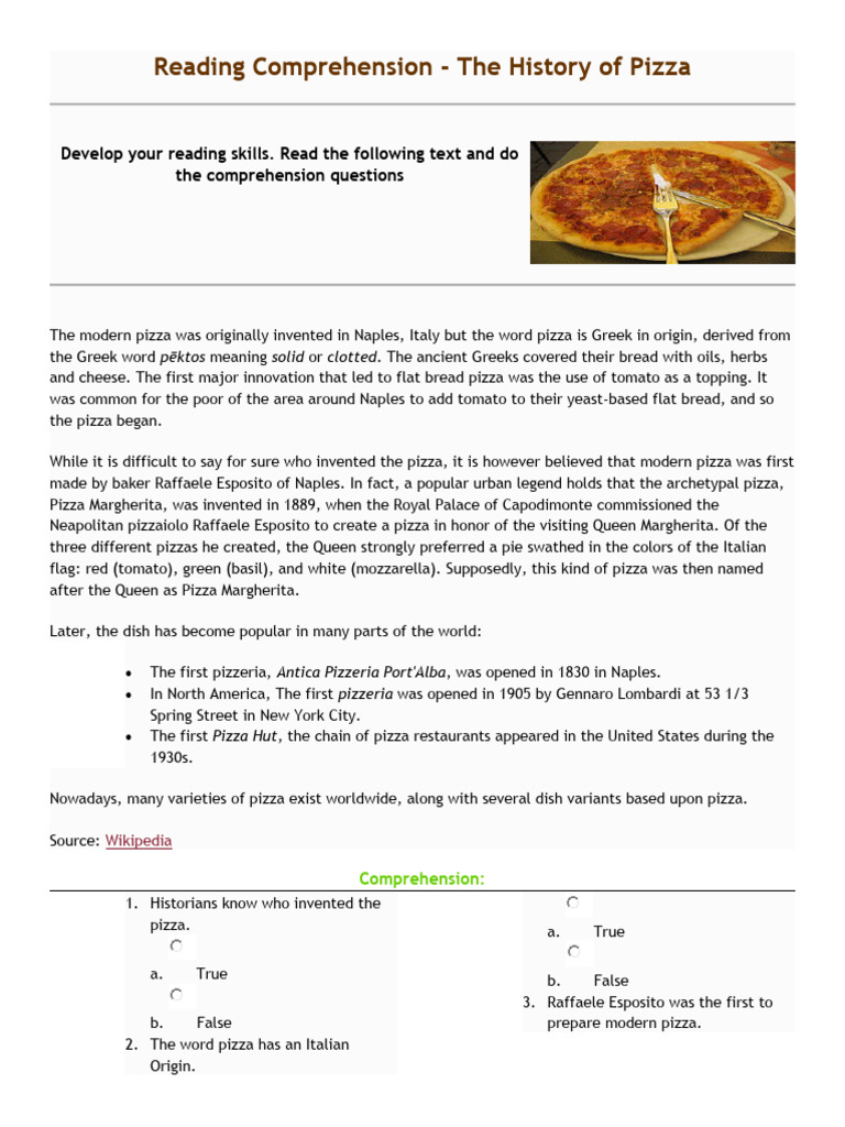 English Reading Comprehension - The History of Pizza | PDF | Pizza ...