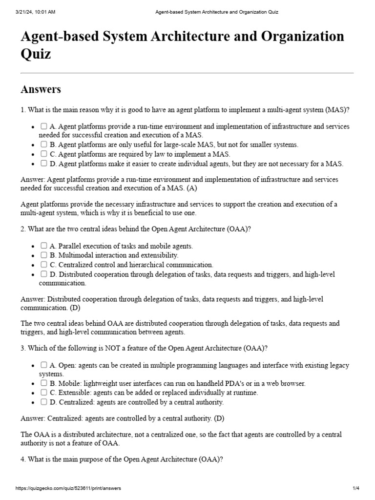 Multi-Agent System Architecture Quiz | PDF | Object (Computer Science ...